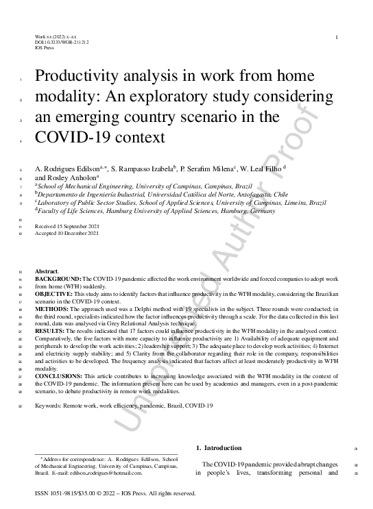 (PDF) Productivity analysis in work from home modality: An exploratory ...