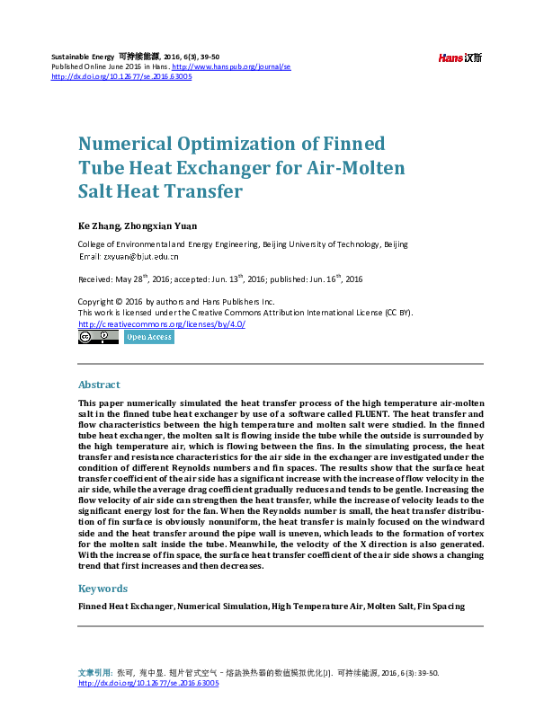 (PDF) Numerical Optimization of Finned Tube Heat Exchanger for Air-Molten Salt Heat Transfer