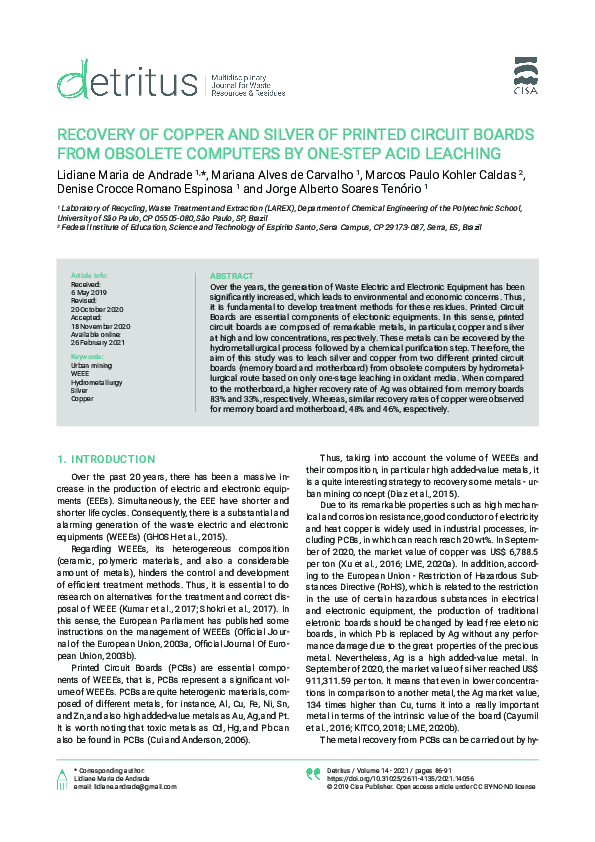 (PDF) Recovery of Copper and Silver of Printed Circuit Boards from ...