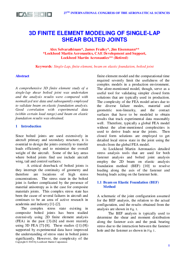 (PDF) 3D Finite Element Modeling of Single-Lap Shear Bolted Joints