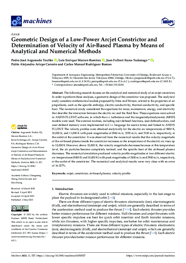 (PDF) Geometric Design of a Low-Power Arcjet Constrictor and Determination of Velocity of Air ...