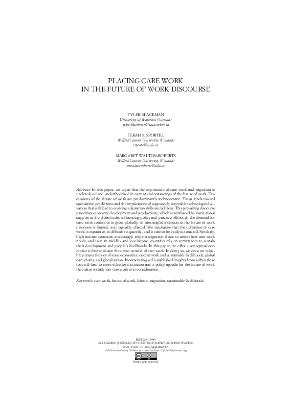GJ #2022, 3, Placing Care Work in the Future of Work Discourse, by Tyler Blackman, Terah S ...