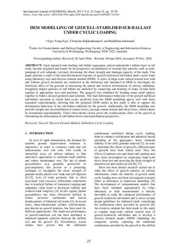 (PDF) Dem Modelling of Geocell-Stabilised Sub-Ballast Under Cyclic Loading