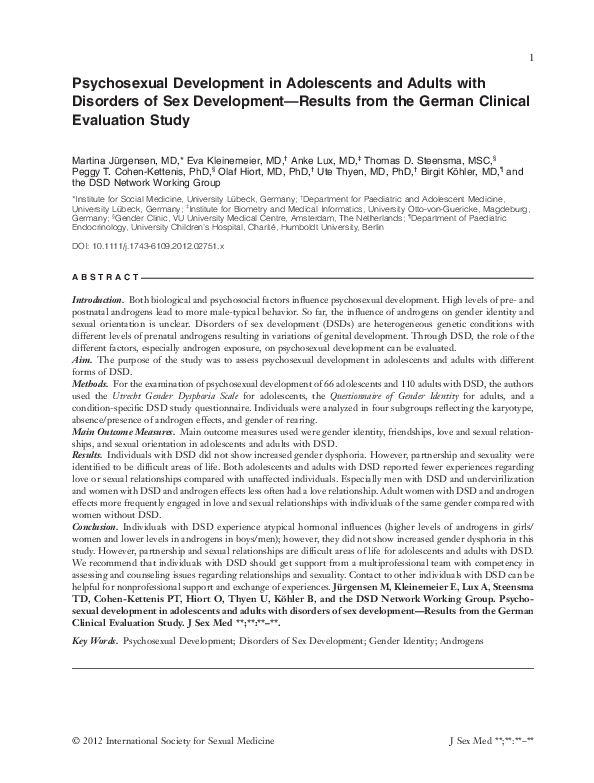 Pdf Psychosexual Development In Adolescents And Adults With Disorders Of Sex Development