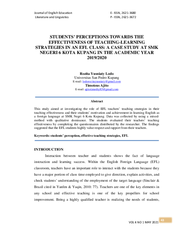 (PDF) STUDENTS' PERCEPTIONS TOWARDS THE EFFECTIVENESS OF TEACHING-LEARNING STRATEGIES IN AN EFL ...