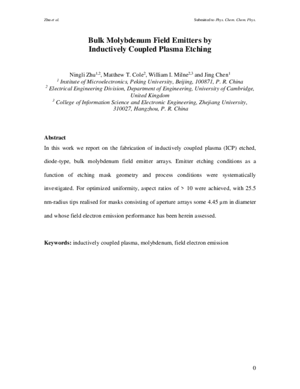 (PDF) Bulk molybdenum field emitters by inductively coupled plasma etching