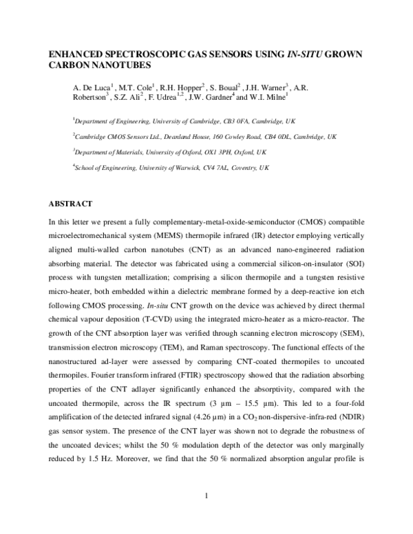 (PDF) Enhanced spectroscopic gas sensors using in-situ grown carbon nanotubes