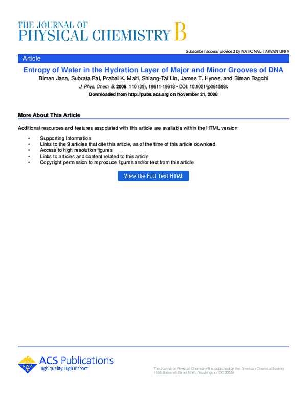 (PDF) Entropy of Water in the Hydration Layer of Major and Minor ...