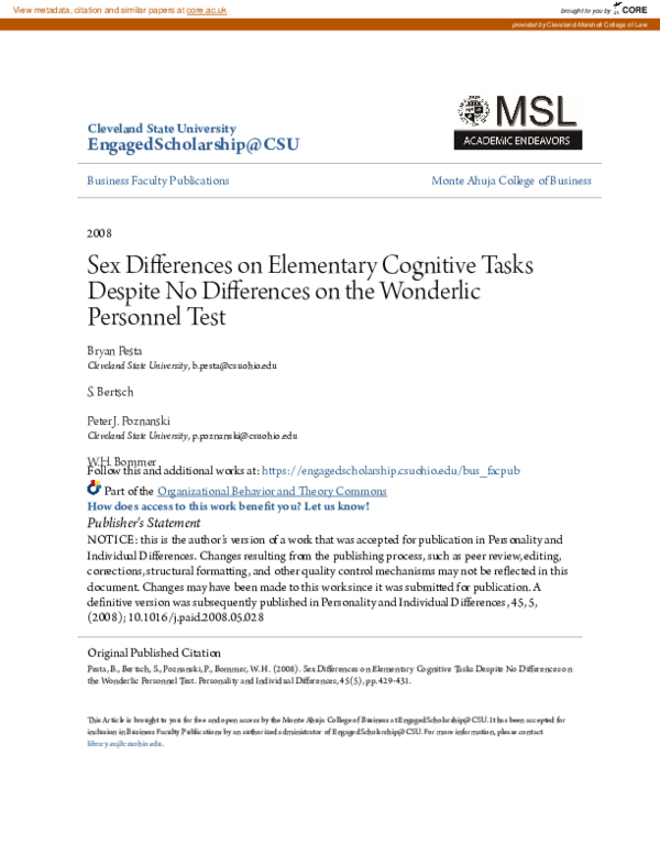 Pdf Sex Differences On Elementary Cognitive Tasks Despite No