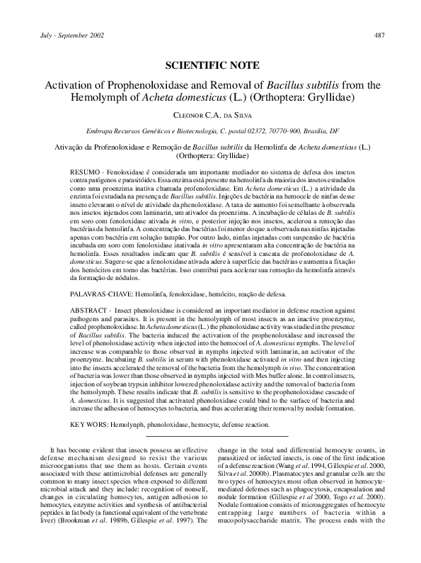 (PDF) Activation of Prophenoloxidase and Removal of Bacillus subtilis ...