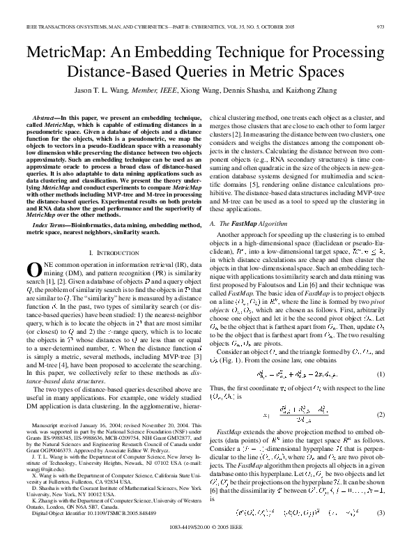 Pdf Metricmap An Embedding Technique For Processing Distance Based Queries In Metric Spaces
