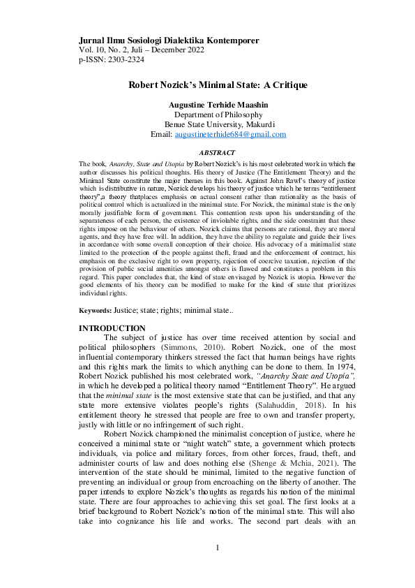 (PDF) Robert Nozick's Minimal State: A Critique