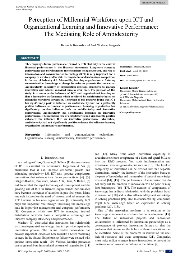 (PDF) Perception of Millennial Workforce upon ICT and Organizational Learning and Innovative ...
