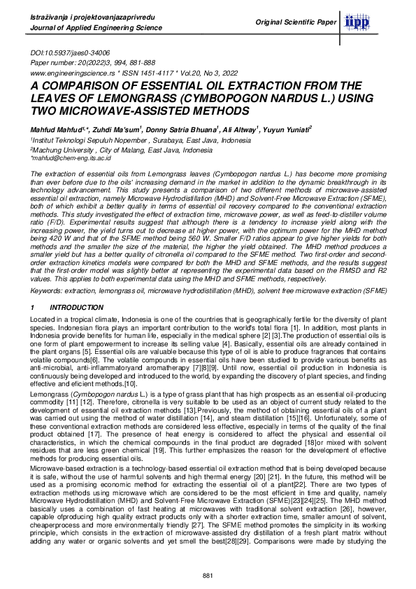 (PDF) A comparison of essential oil extraction from the leaves of lemongrass (Cymbopogon nardus ...
