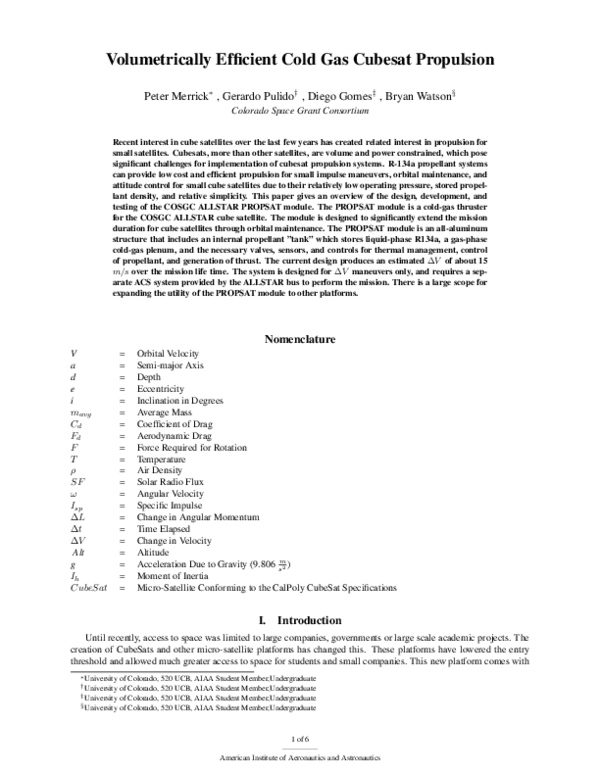 (PDF) Volumetrically Efficient Cold Gas Cubesat Propulsion