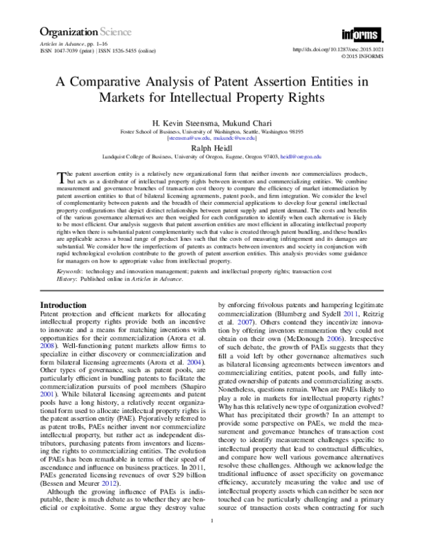 (PDF) A Comparative Analysis of Patent Assertion Entities in Markets ...