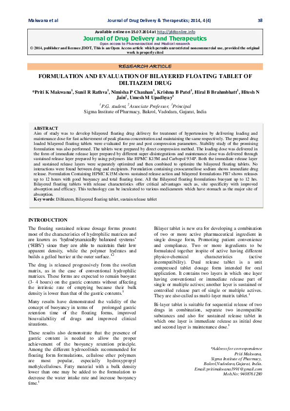 Pdf Formulation And Evaluation Of Bilayered Floating Tablet Of