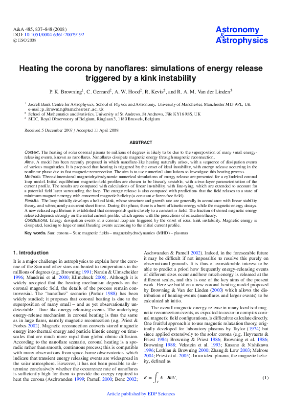 (PDF) Heating the corona by nanoflares: simulations of energy release triggered by a kink ...