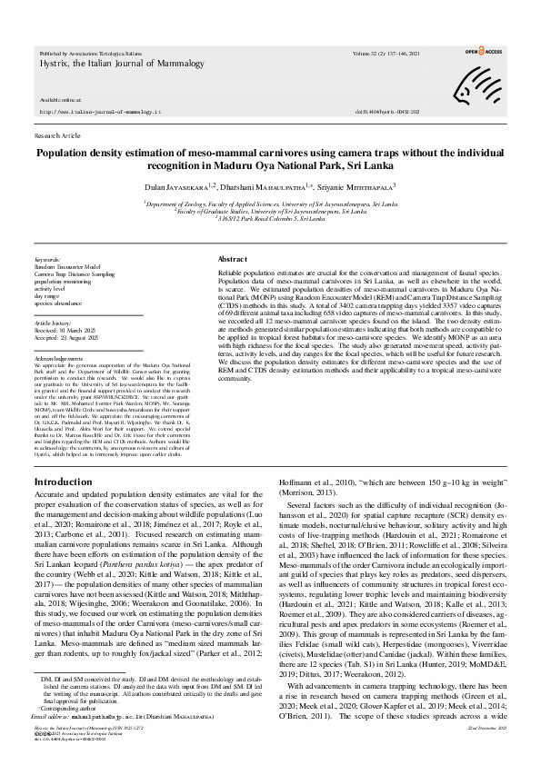 Pdf Population Density Estimation Of Meso Mammal Carnivores Using Camera Traps Without The