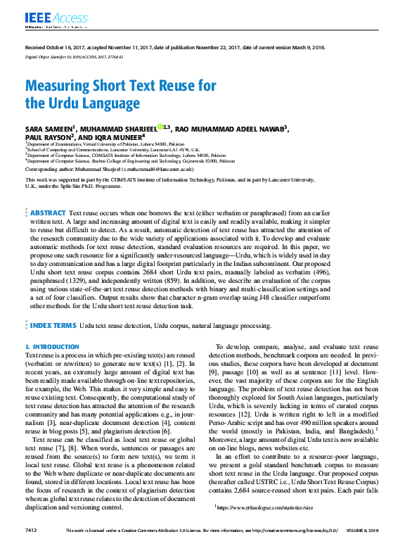 (PDF) Measuring Short Text Reuse for the Urdu Language | Muhammad Sharjeel - Academia.edu