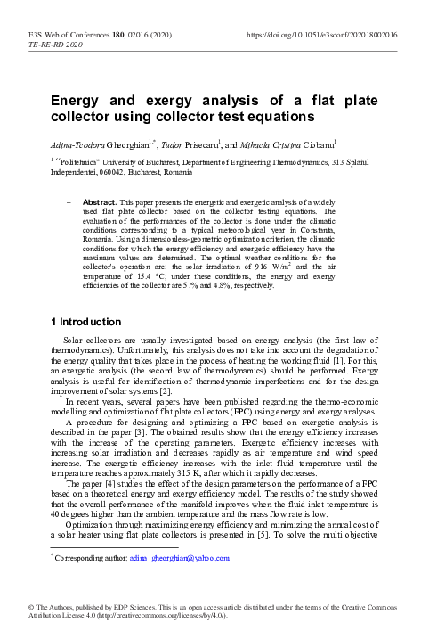 Energy and exergy analysis of a flat plate collector using collector ...