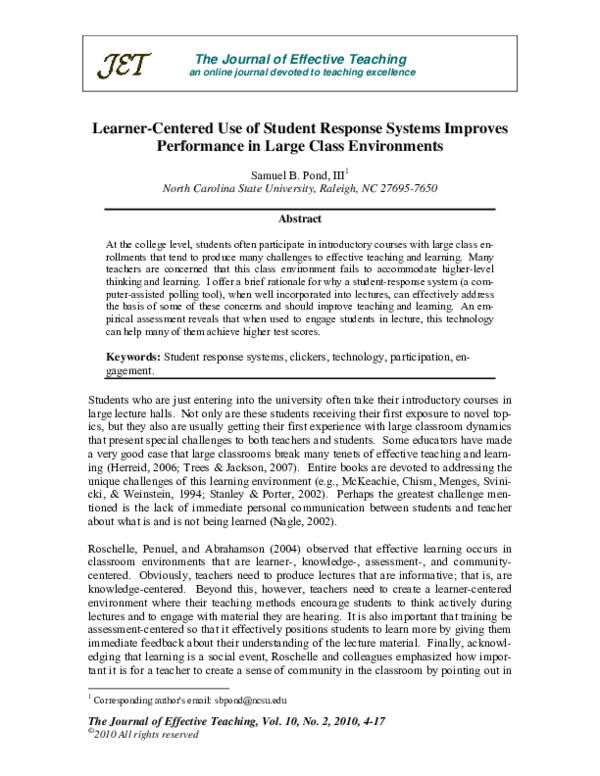 (PDF) Learner-Centered Use of Student Response Systems Improves Performance in Large Class ...