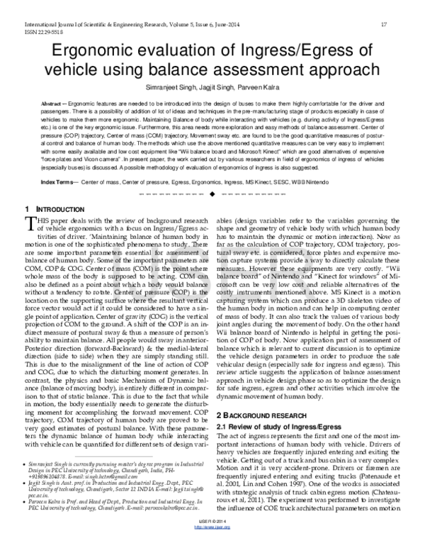 (PDF) Ergonomic evaluation of Ingress/Egress of vehicle using balance ...
