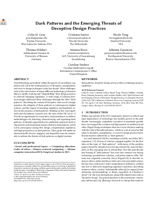 (PDF) Dark Patterns and the Emerging Threats of Deceptive Design Practices