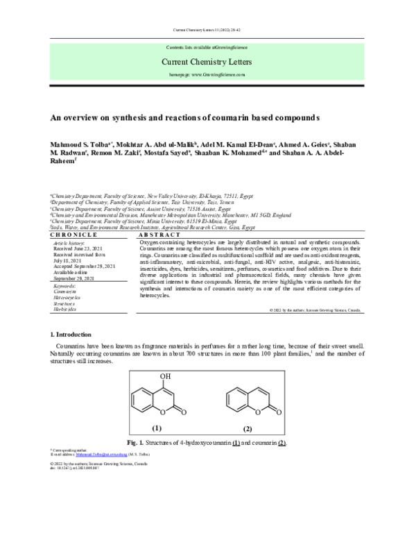(PDF) An overview on synthesis and reactions of coumarin based compounds