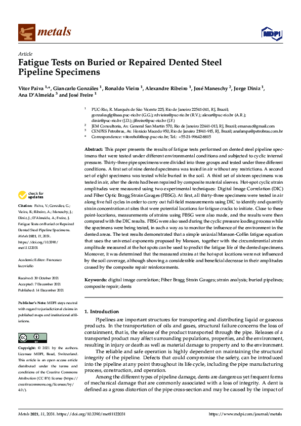 (PDF) Fatigue Tests on Buried or Repaired Dented Steel Pipeline Specimens