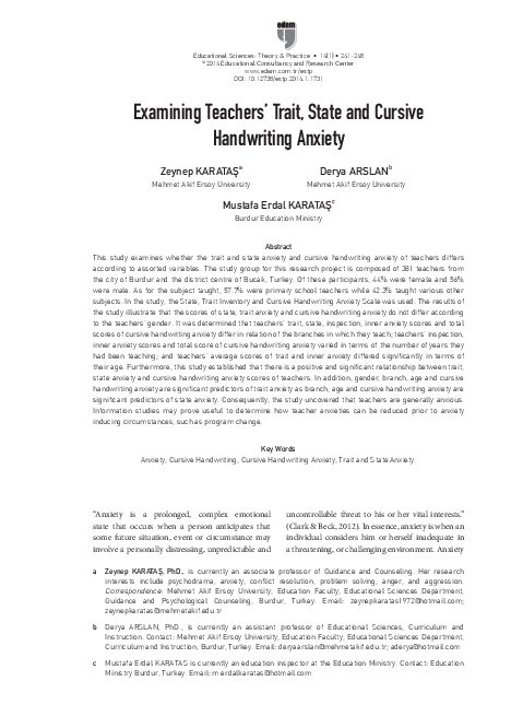 (PDF) Examining Teachers' Trait, State and Cursive Handwriting Anxiety