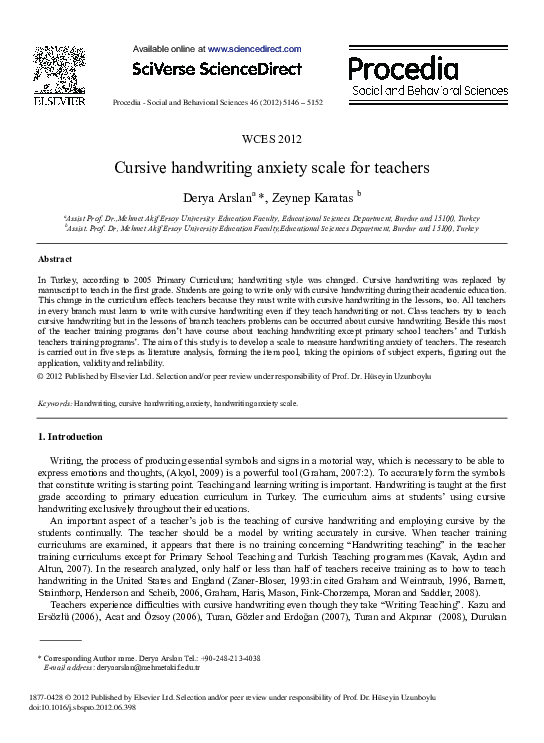 (PDF) Cursive Handwriting Anxiety Scale for Teachers | Derya Arslan ...