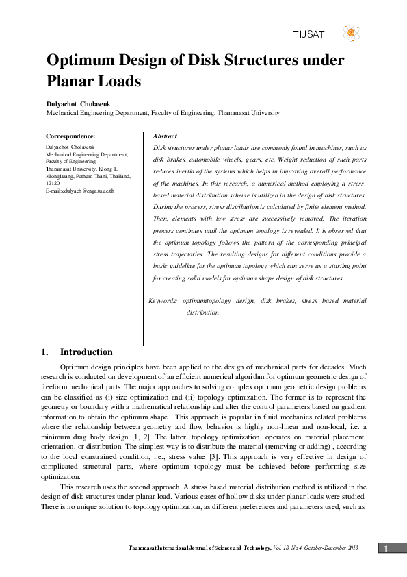 (PDF) Optimum Design of Disk Structures under Planar Loads