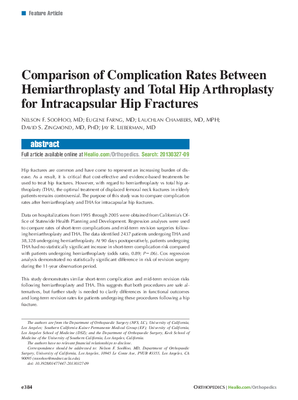 (PDF) Comparison of complication rates between hemiarthroplasty and ...