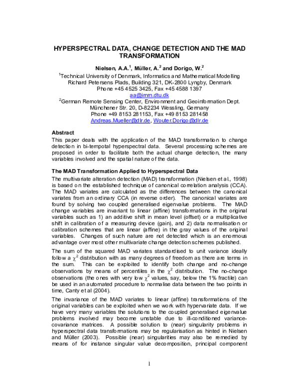 (PDF) Hyperspectral data, change detection and the MAD transformation