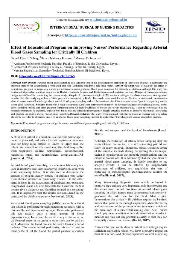 (PDF) Effect of Educational Program on Improving Nurses' Performance Regarding Arterial Blood ...