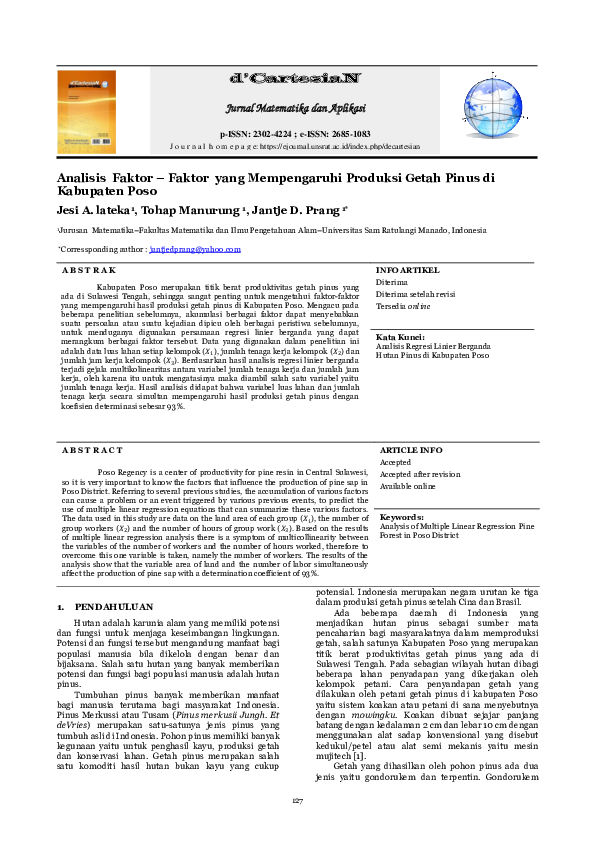 (PDF) Analisis Faktor – Faktor yang Mempengaruhi Produksi Getah Pinus di Kabupaten Poso