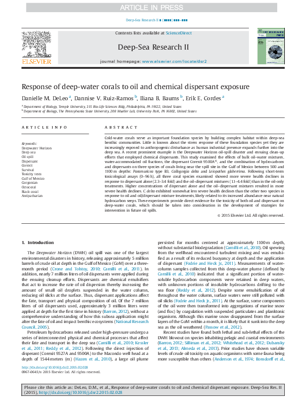 (PDF) Response of deep-water corals to oil and chemical dispersant exposure