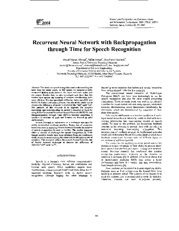 (PDF) Recurrent neural network with backpropagation through time for speech recognition