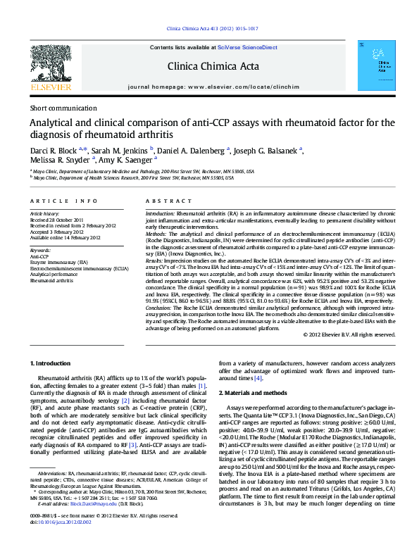 (PDF) Analytical and clinical comparison of anti-CCP assays with rheumatoid factor for the ...