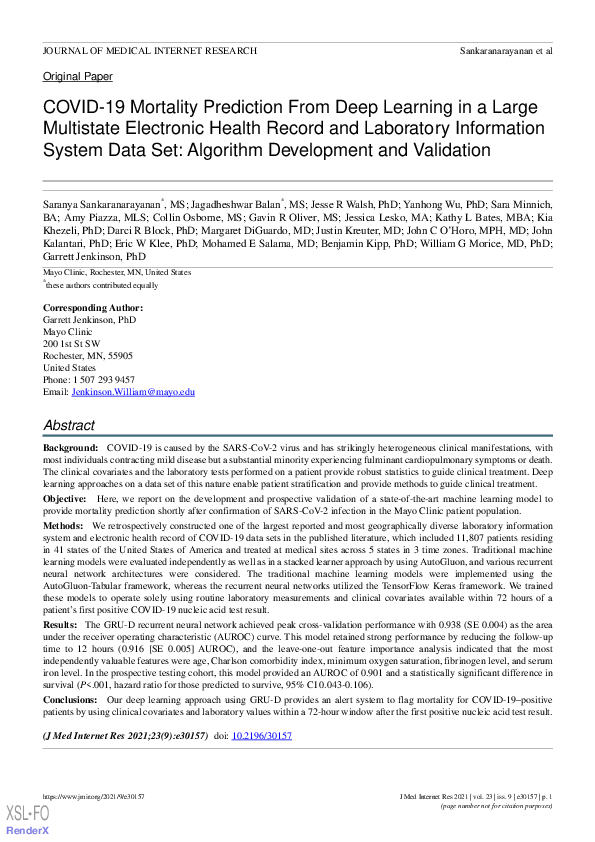 (PDF) COVID-19 Mortality Prediction From Deep Learning in a Large Multistate Electronic Health ...