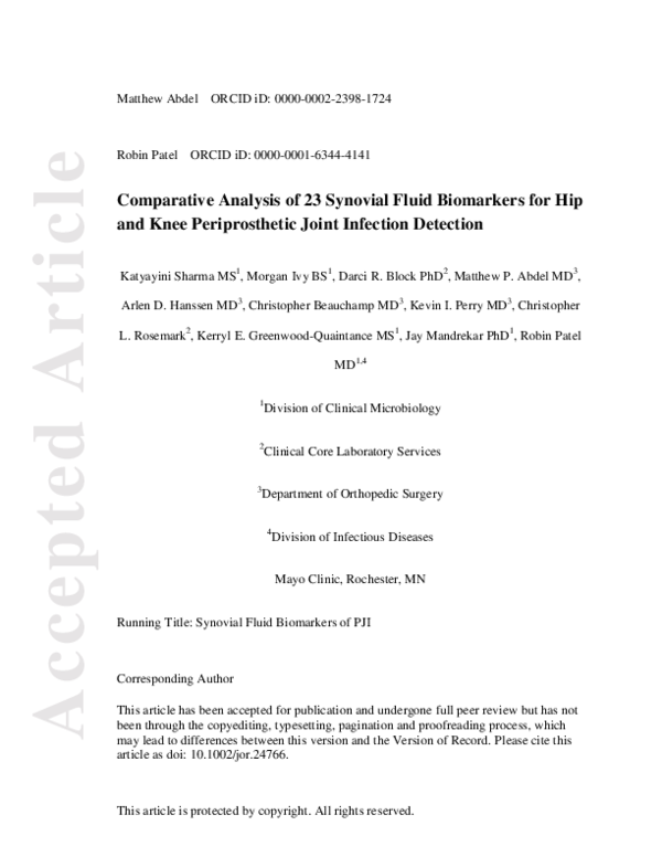 (PDF) Comparative analysis of 23 synovial fluid biomarkers for hip and knee periprosthetic joint ...