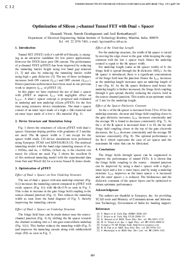 (PDF) Optimization of Silicon ρ-channel Tunnel FET with Dual κ Spacer