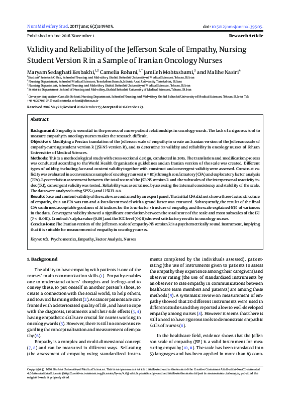(PDF) Validity and Reliability of the Jefferson Scale of Empathy, Nursing Student Version R in a ...