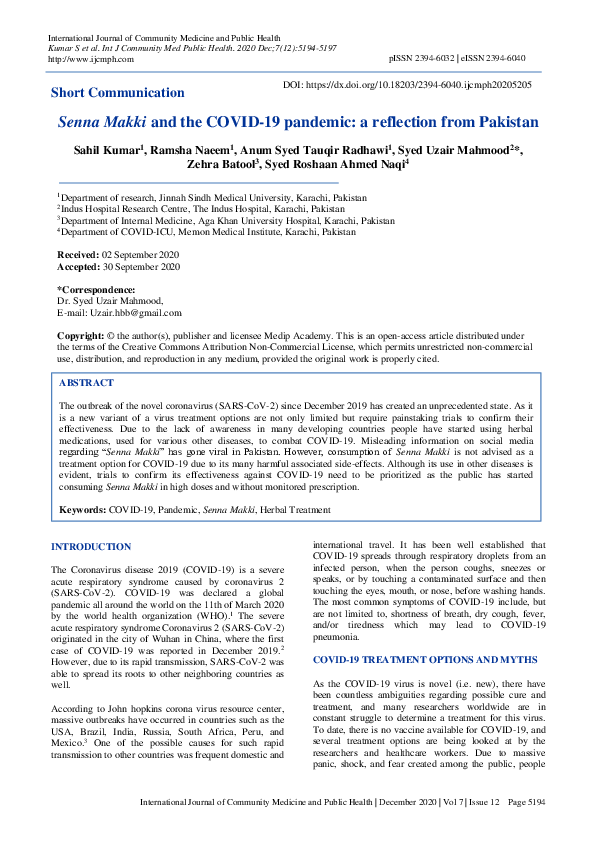 (PDF) Senna Makki and the COVID-19 pandemic: a reflection from Pakistan