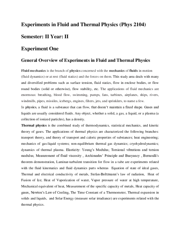 (PDF) Experiments in Fluid and Thermal Physics (Phys 2104) Semester: II Year: II Experiment One ...