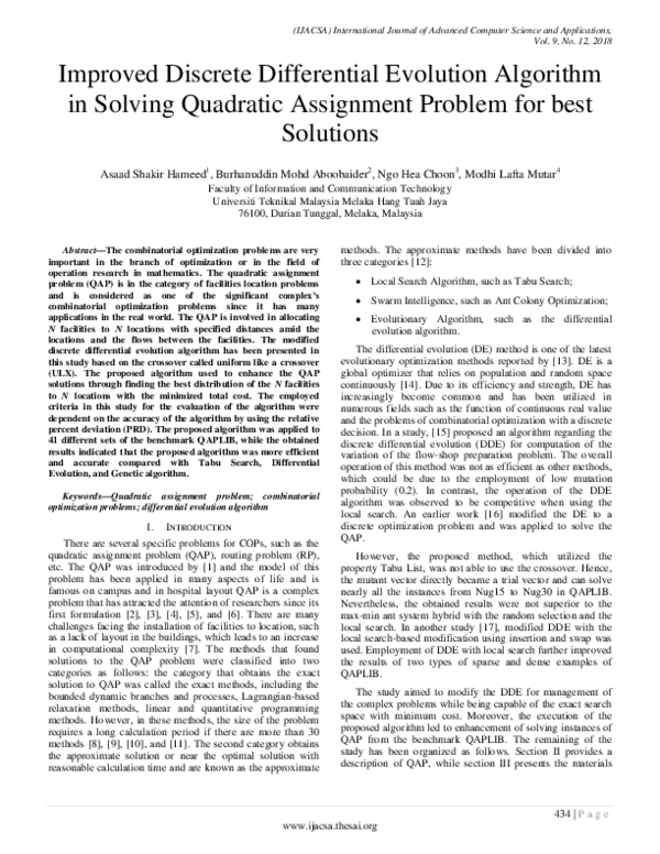 (PDF) Optimized Differential Evolution for QAP Solutions
