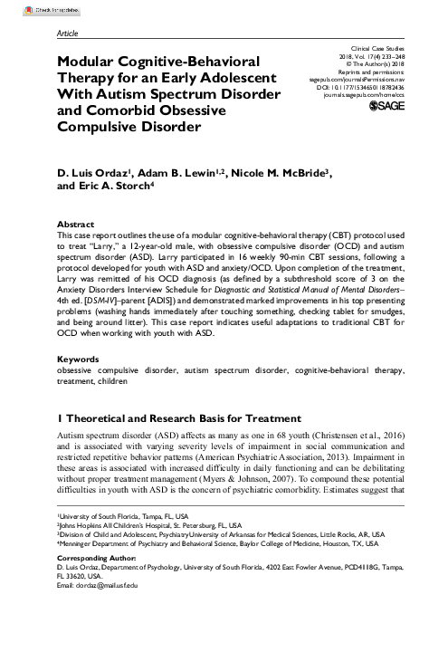 (PDF) Modular Cognitive-Behavioral Therapy for an Early Adolescent With Autism Spectrum Disorder ...