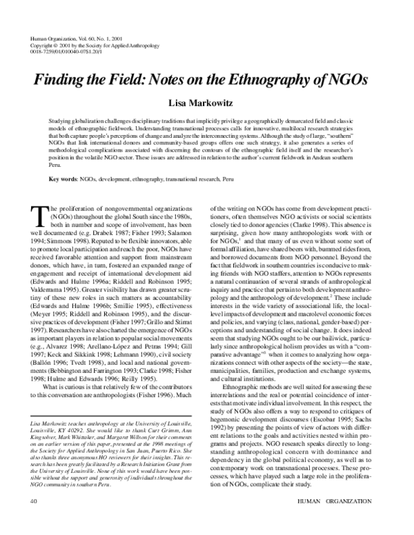 (PDF) Finding the Field: Notes on the Ethnography of NGOs