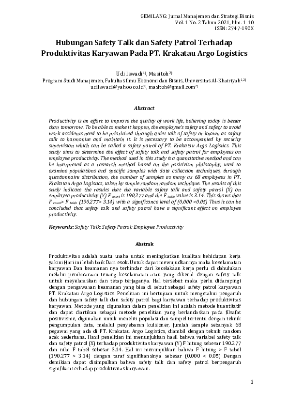 (PDF) Hubungan Safety Talk dan Safety Patrol Terhadap Produktivitas Karyawan Pada PT. Krakatau ...